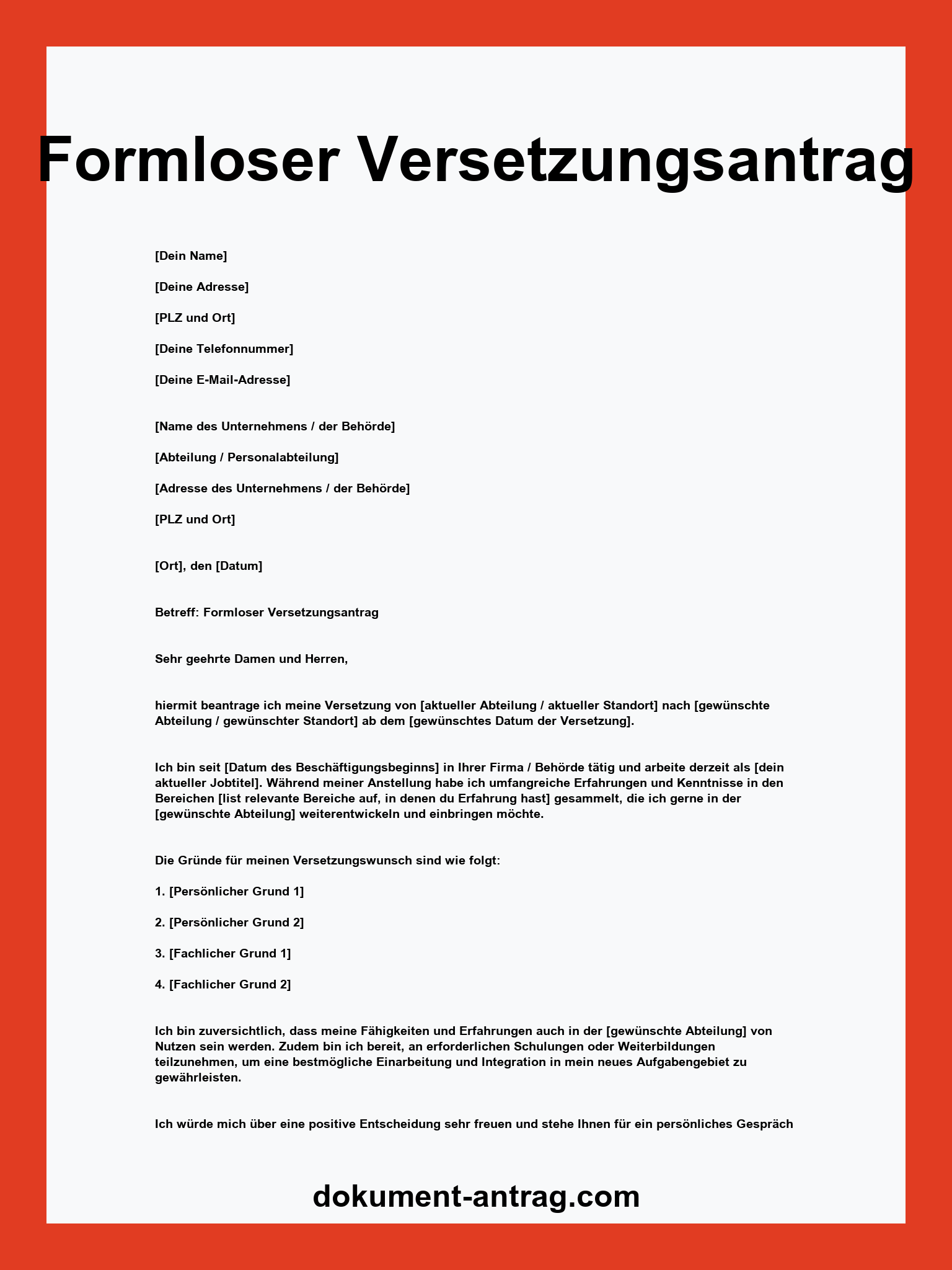 Formloser Versetzungsantrag Vorlage